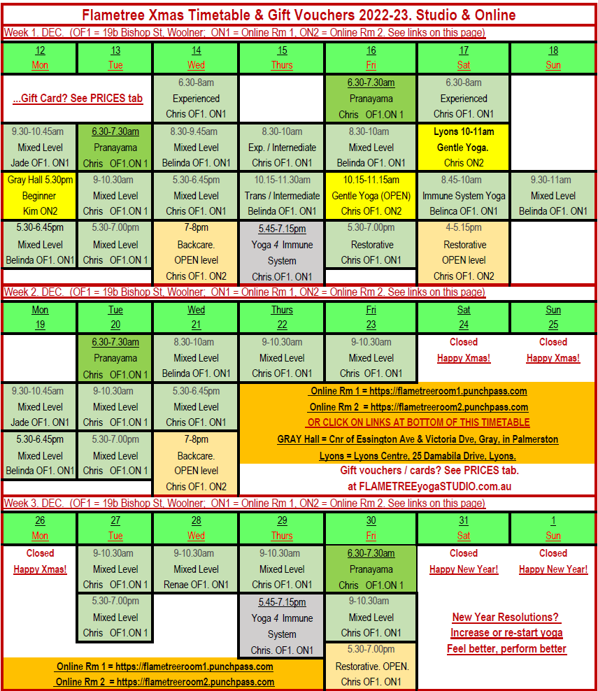 Christmas Yoga Timetable & Vouchers. Online & Flametree Studio.