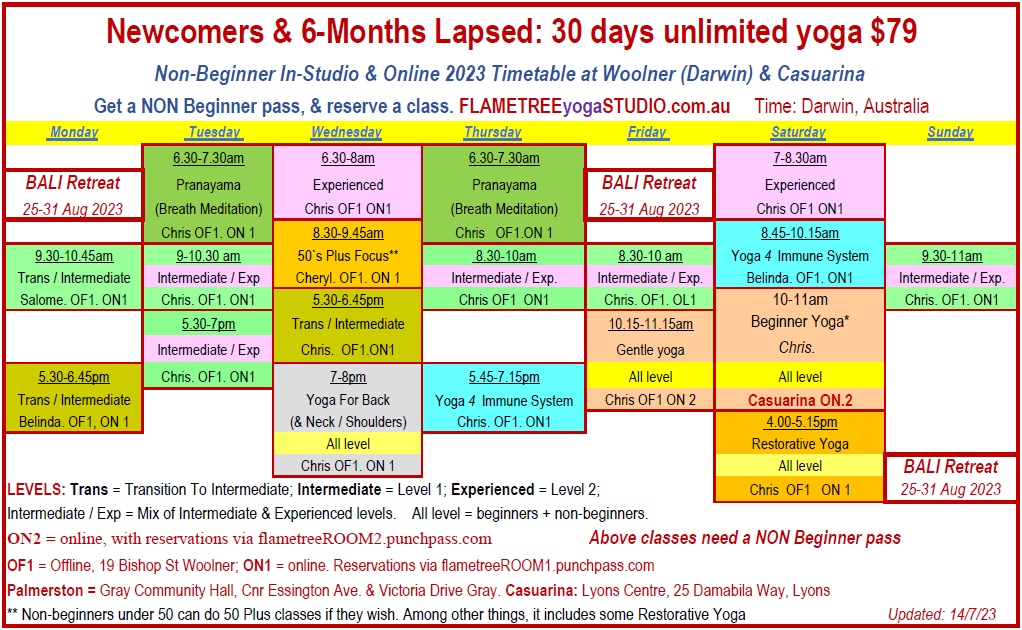 Flametree Yoga Timetable, Online, Studio & Video. (Zoom Yoga)