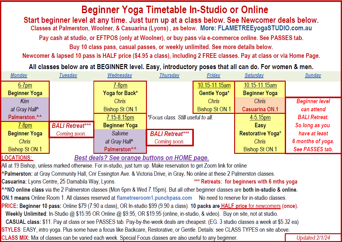 Flametree Yoga Darwin Timetable For Beginners Yoga