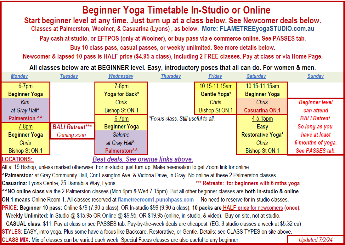 Flametree Yoga Darwin Timetable For Beginners Yoga