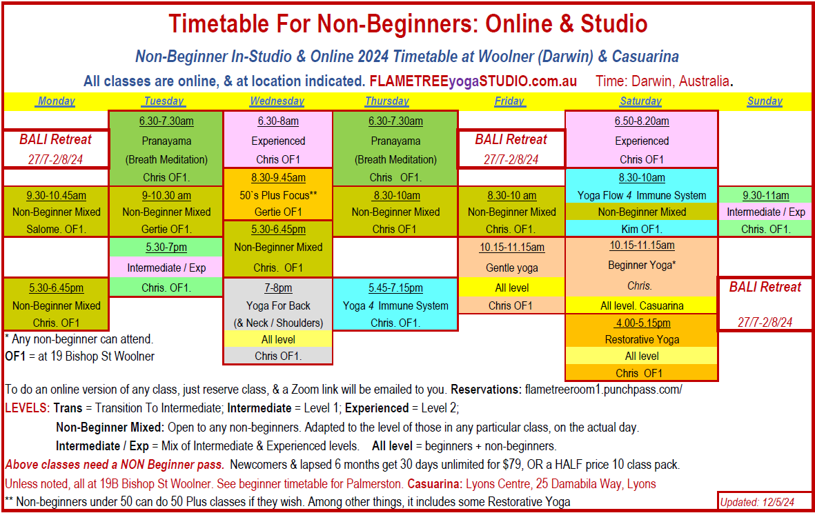 Flametree Yoga Timetable, Online, Studio & Video. (Zoom Yoga)