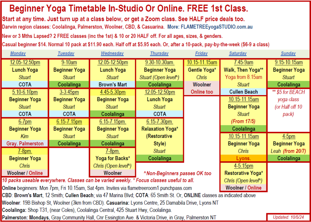 Flametree Yoga Darwin Timetable For Beginners Yoga
